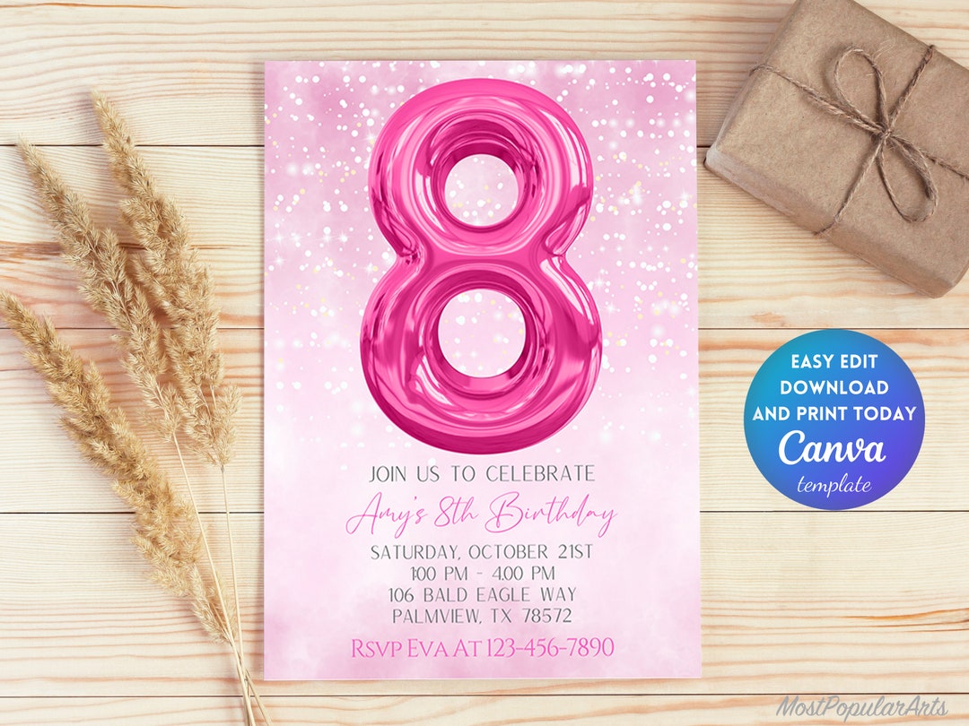 Editable Pink 8th Birthday Invitation Template, Glitter Birthday Party ...