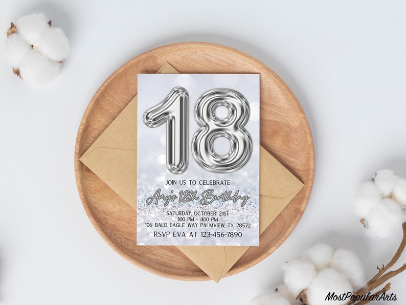 Editable Silver 18th Birthday Invitation Template Glitter - Etsy