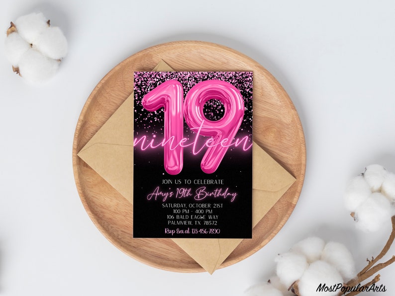 Editable Pink 19th Birthday Invitation Template Glitter - Etsy