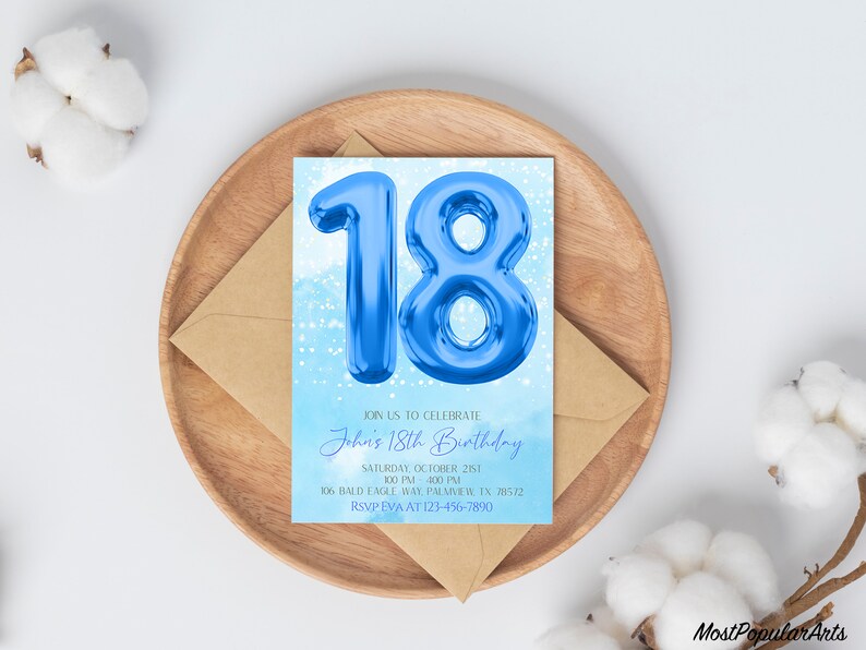 Editable Blue 18th Birthday Invitation Template, Glitter Birthday Party ...