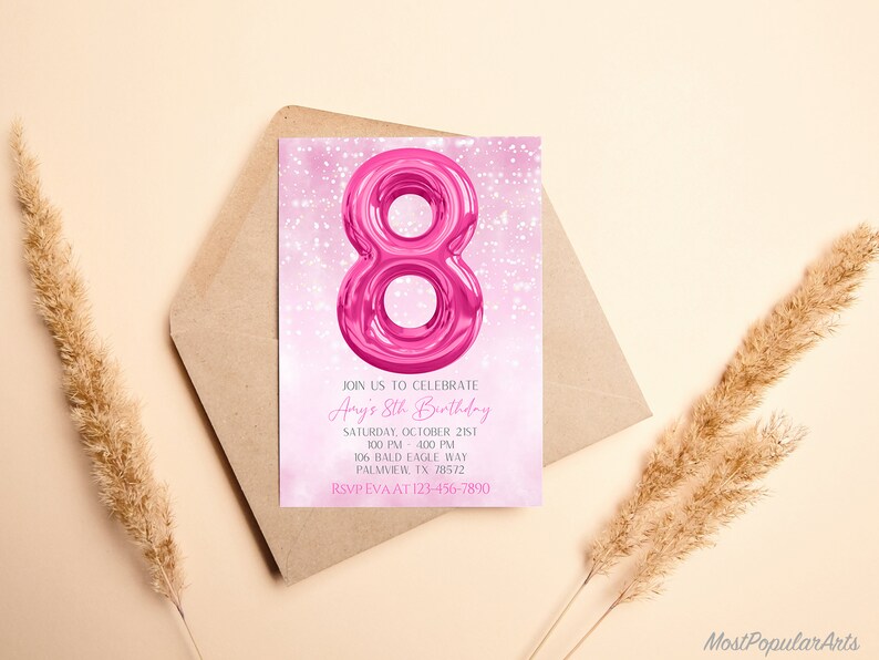 Editable Pink 8th Birthday Invitation Template, Glitter Birthday Party ...