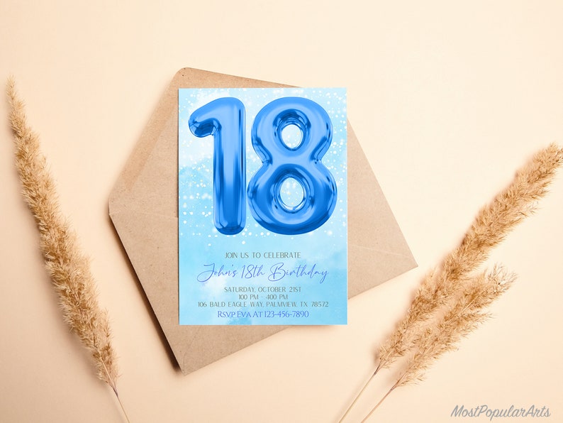 Editable Blue 18th Birthday Invitation Template, Glitter Birthday Party ...