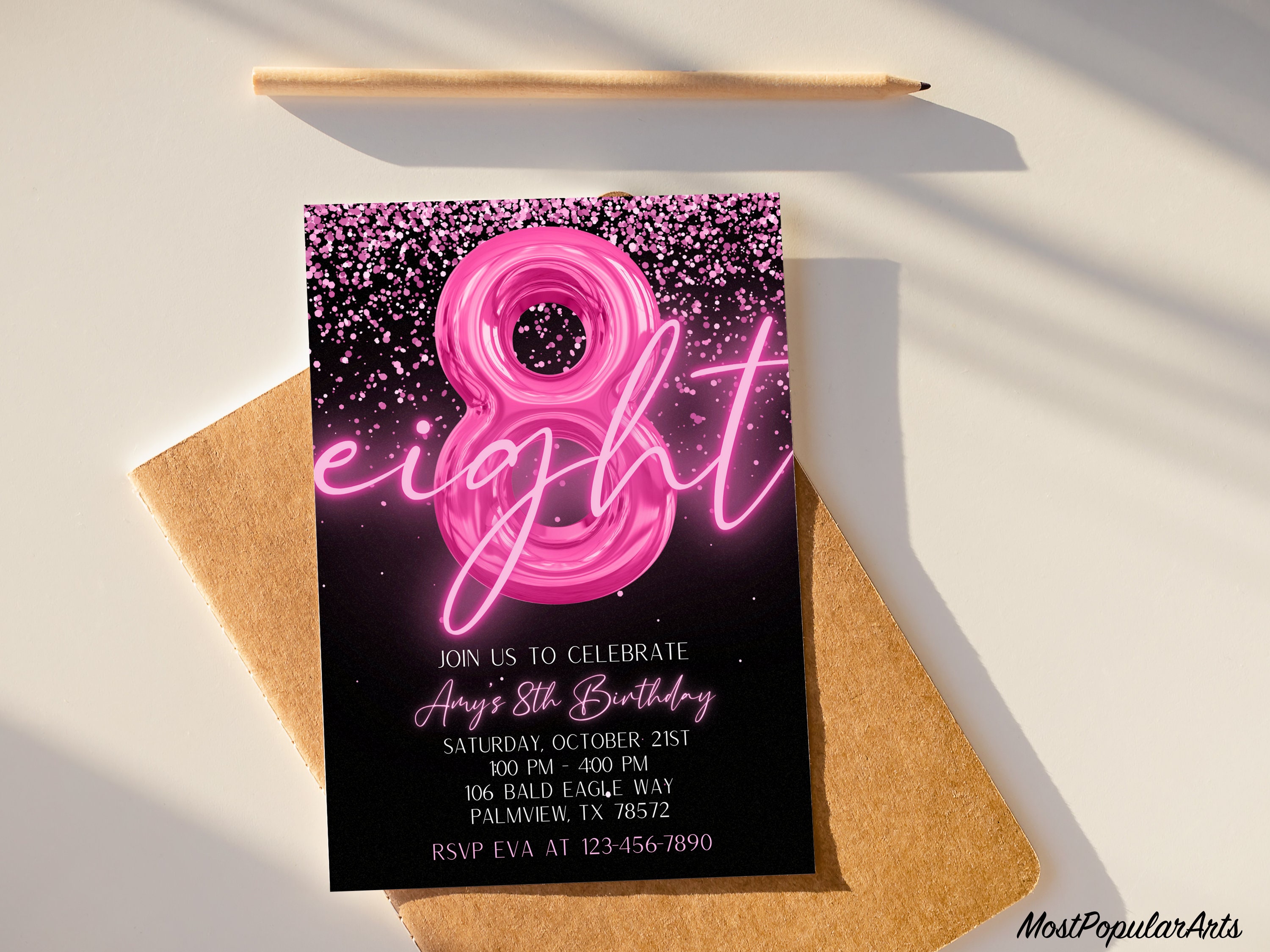 Editable Pink 8th Birthday Invitation Template, Glitter Birthday Party ...