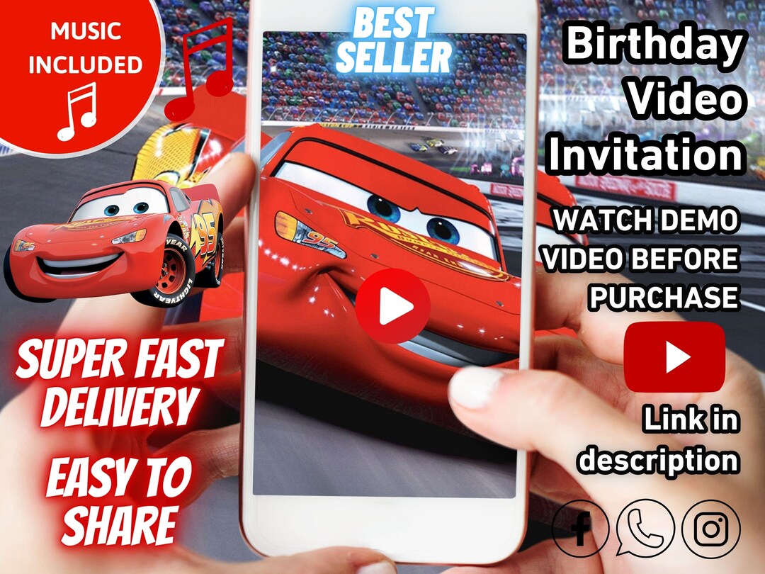 Cars Birthday Video Invitation, Cars Lightning Mcqueen Invitation, Cars ...
