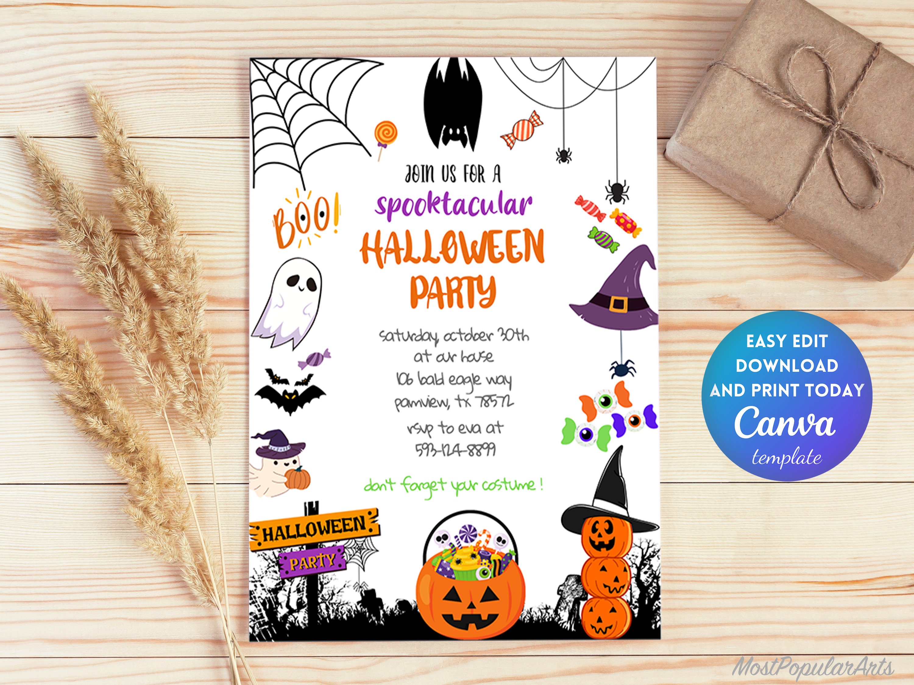 Editable Halloween Party Invitation Template, Halloween Dinner Invite, Colorful Halloween ...