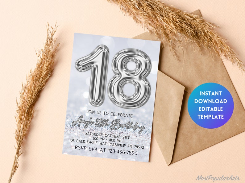 Editable Silver 18th Birthday Invitation Template Glitter - Etsy