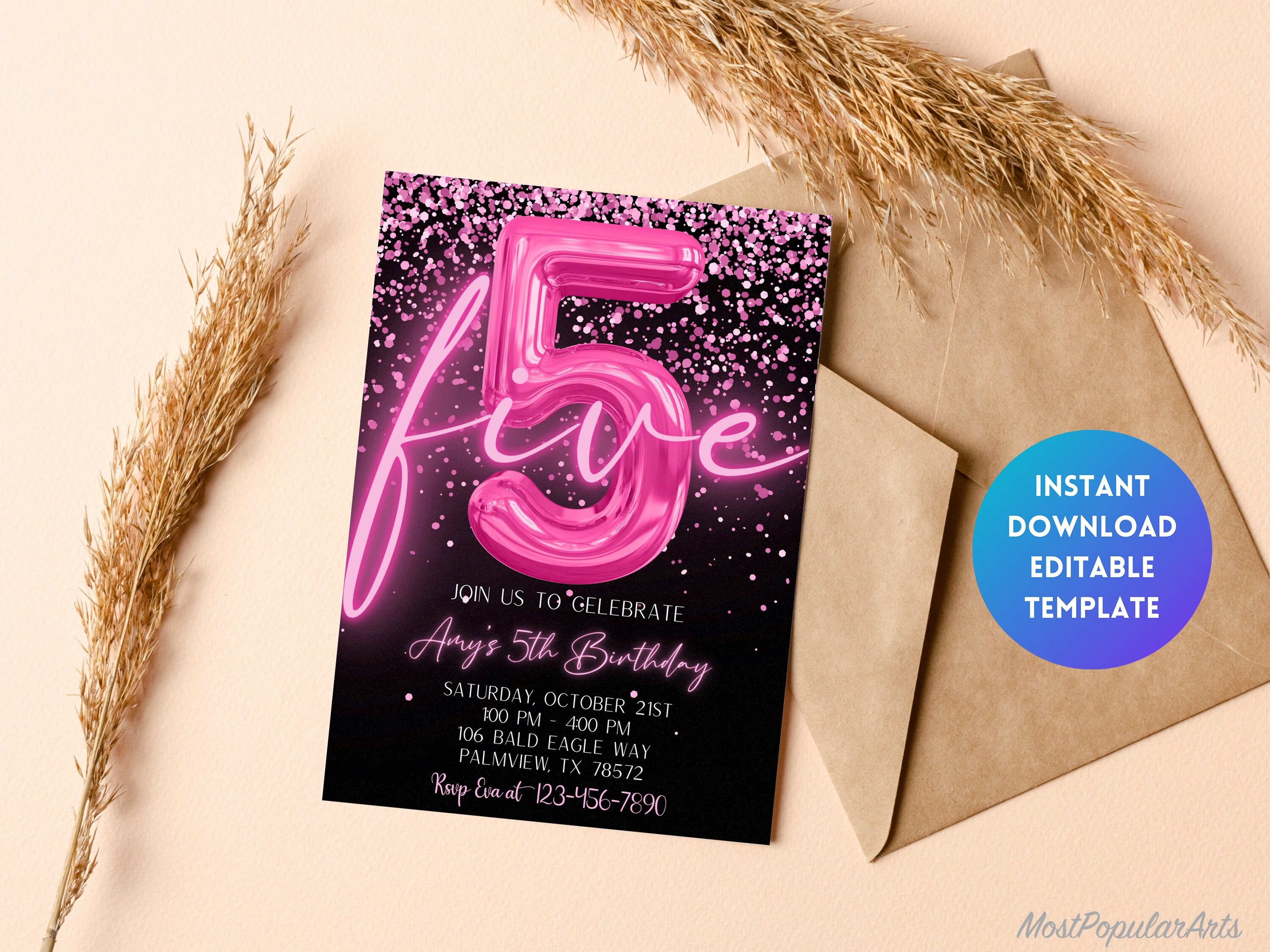Editable Pink 5th Birthday Invitation Template, Glitter Birthday Party ...