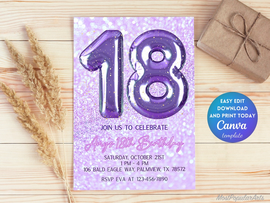 Editable Purple 18th Birthday Invitation Template, Glitter Birthday ...