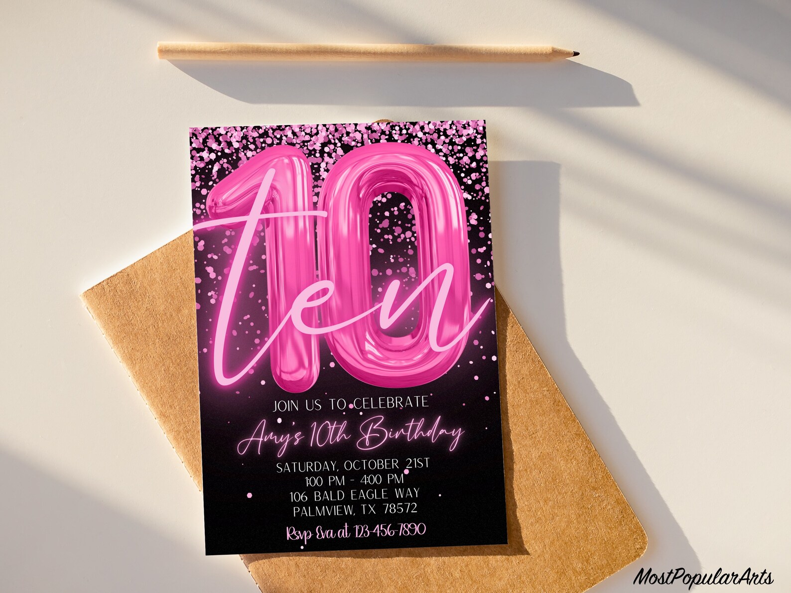 Editable Pink 10th Birthday Invitation Template, Glitter Birthday Party ...