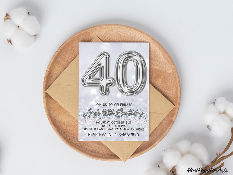 Editable Silver 40th Birthday Invitation Template Glitter - Etsy
