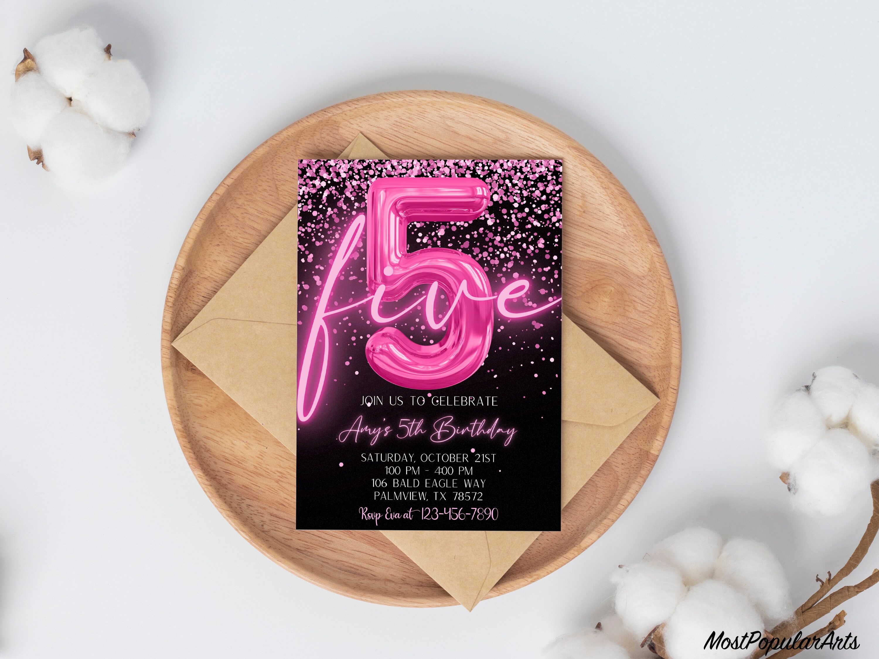 Editable Pink 5th Birthday Invitation Template, Glitter Birthday Party ...