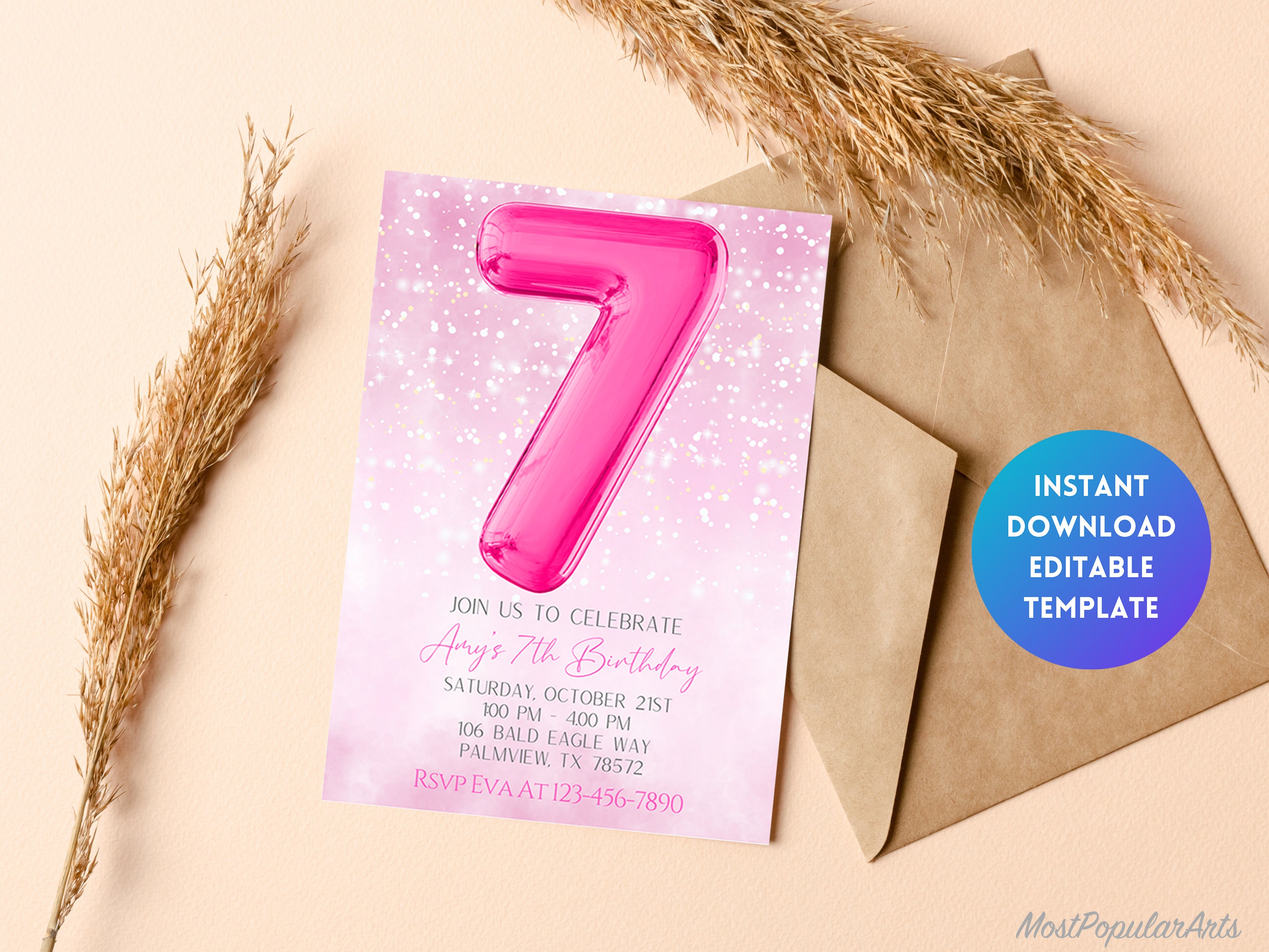 Editable Pink 7th Birthday Invitation Template, Glitter Birthday Party ...