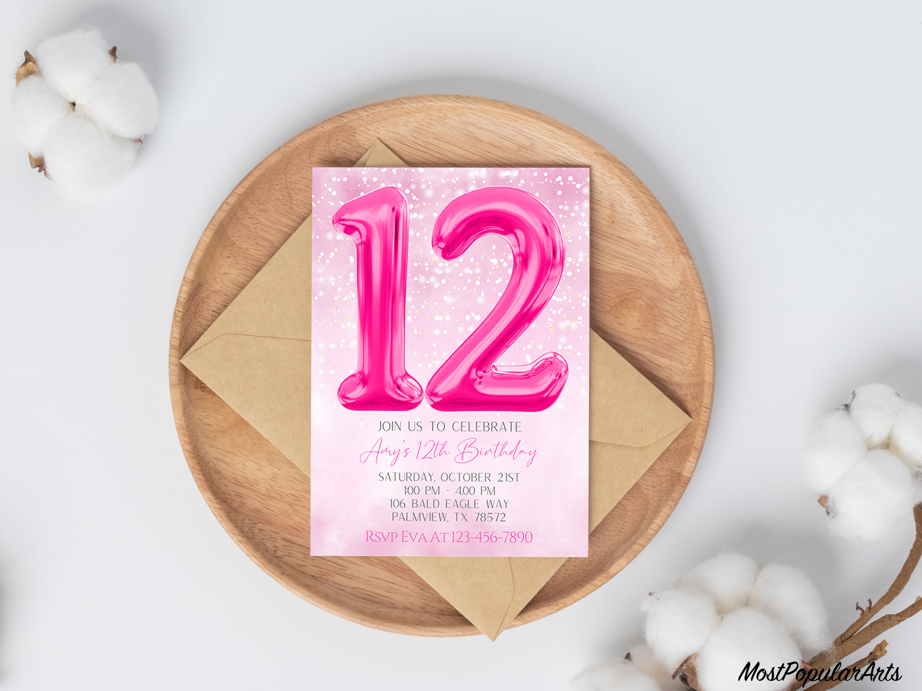 Editable Pink 12th Birthday Invitation Template Glitter - Etsy