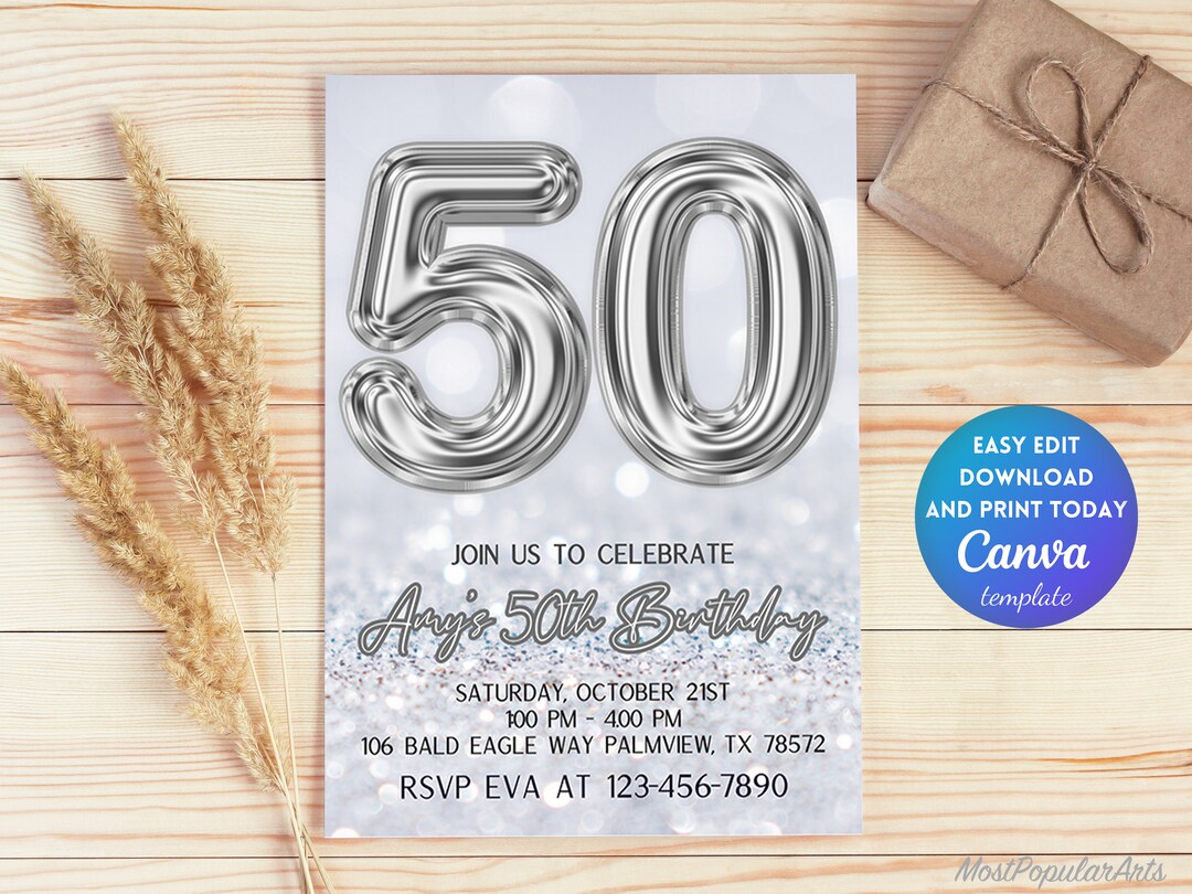 Editable Silver 50th Birthday Invitation Template, Glitter Birthday ...