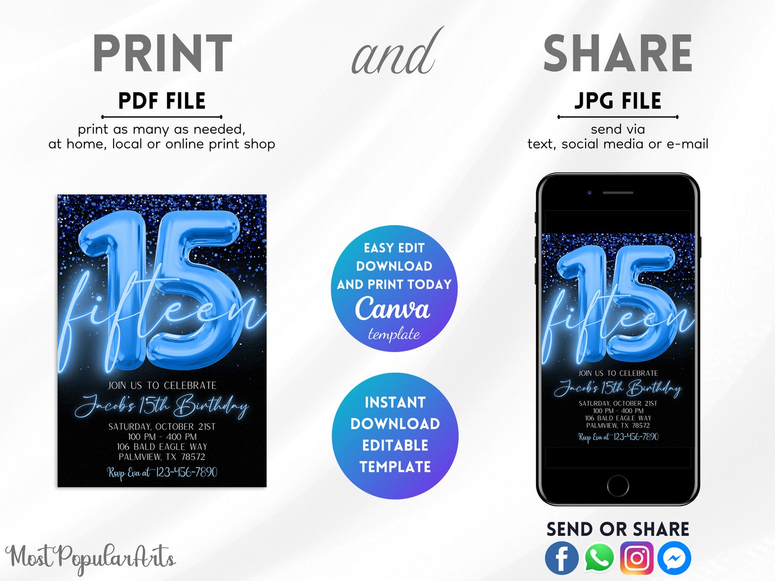 Editable Blue 15th Birthday Invitation Template, Glitter Birthday Party ...