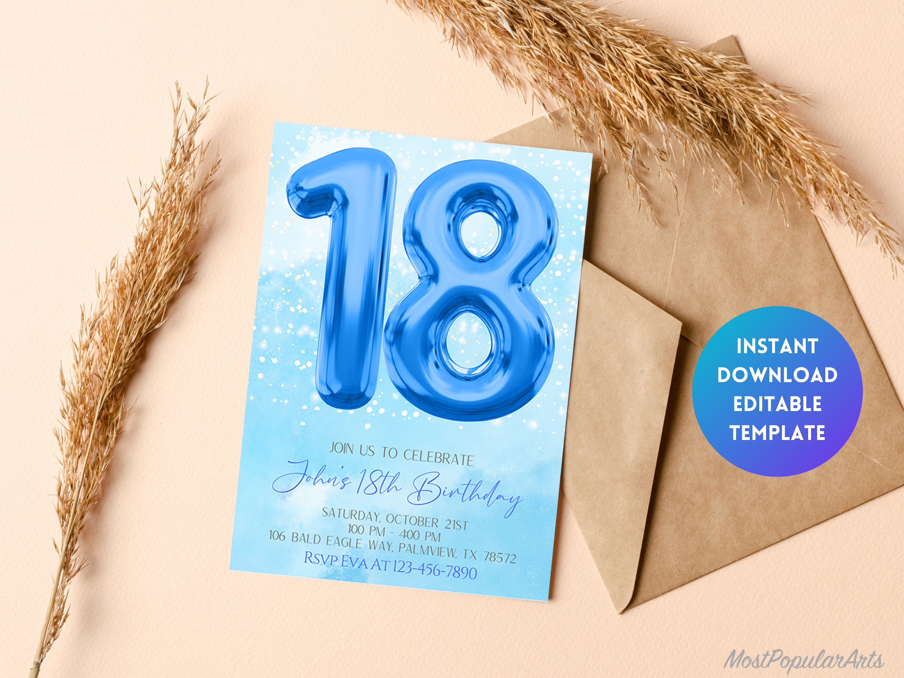 Editable Blue 18th Birthday Invitation Template, Glitter Birthday Party ...