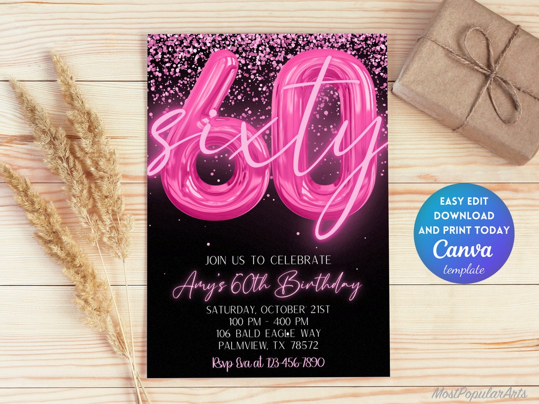 Editable Pink 60th Birthday Invitation Template, Glitter Birthday Party ...