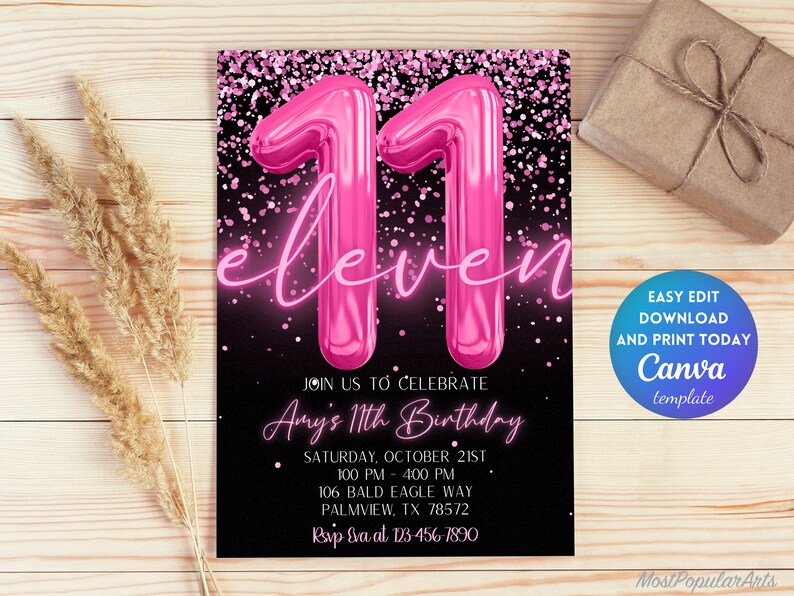 Editable Pink 11th Birthday Invitation Template, Glitter Birthday Party ...