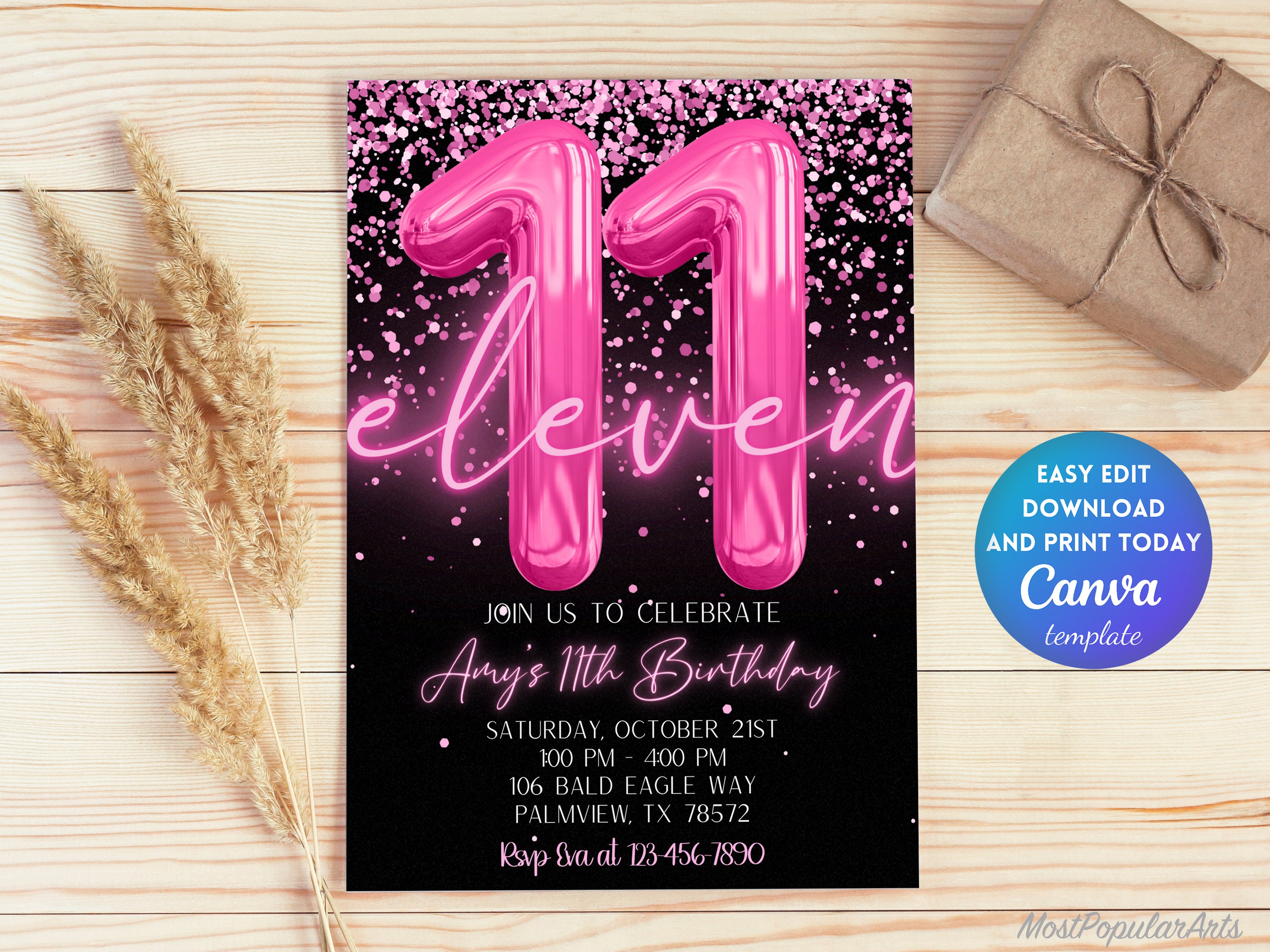 Editable Pink 11th Birthday Invitation Template, Glitter Birthday Party ...