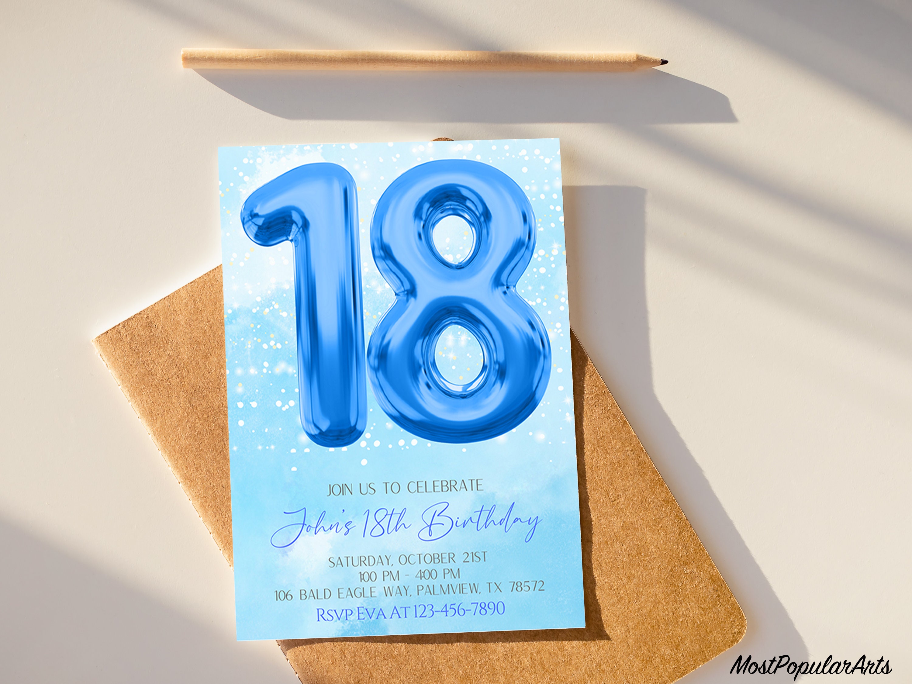 Editable Blue 18th Birthday Invitation Template, Glitter Birthday Party ...