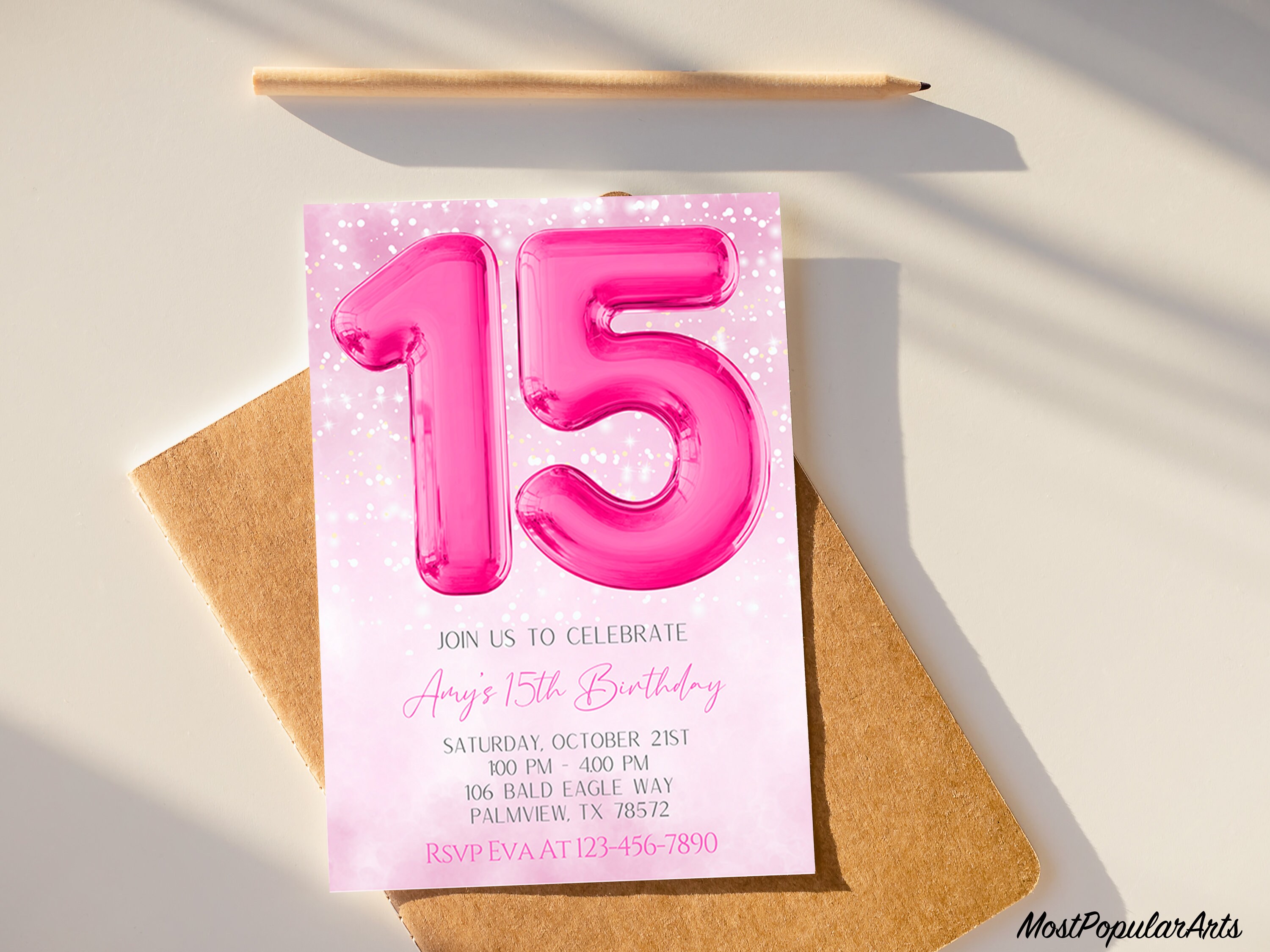 Editable Pink 15th Birthday Invitation Template, Glitter Birthday Party Invite, Rainbow Foil ...