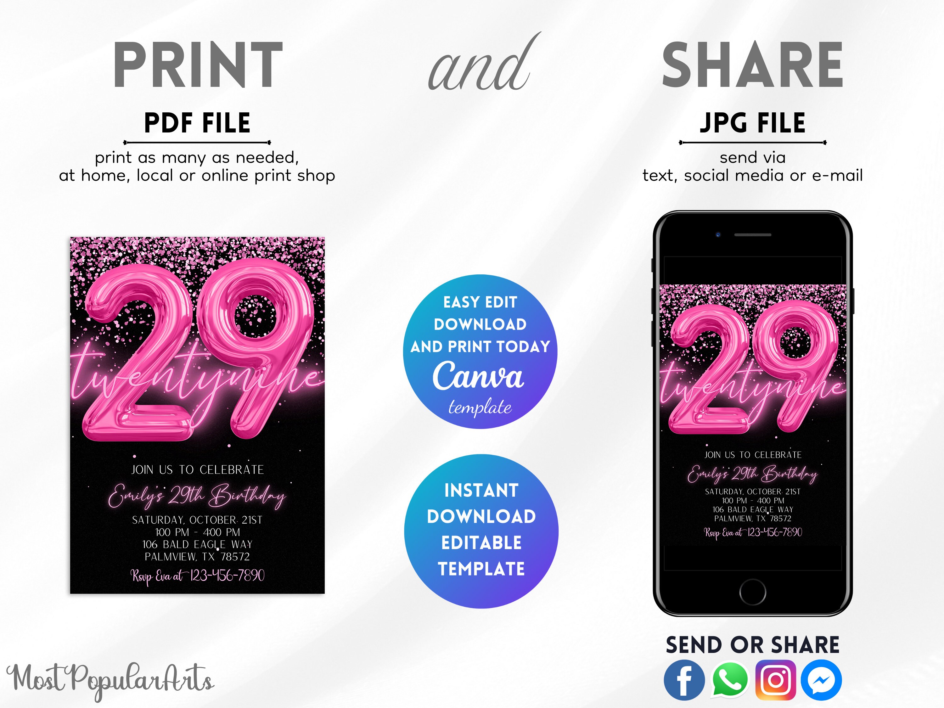 Editable Pink 29th Birthday Invitation Template, Glitter Birthday Party ...