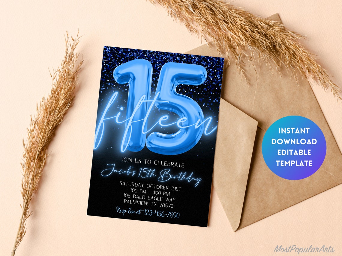 Editable Blue 15th Birthday Invitation Template, Glitter Birthday Party ...