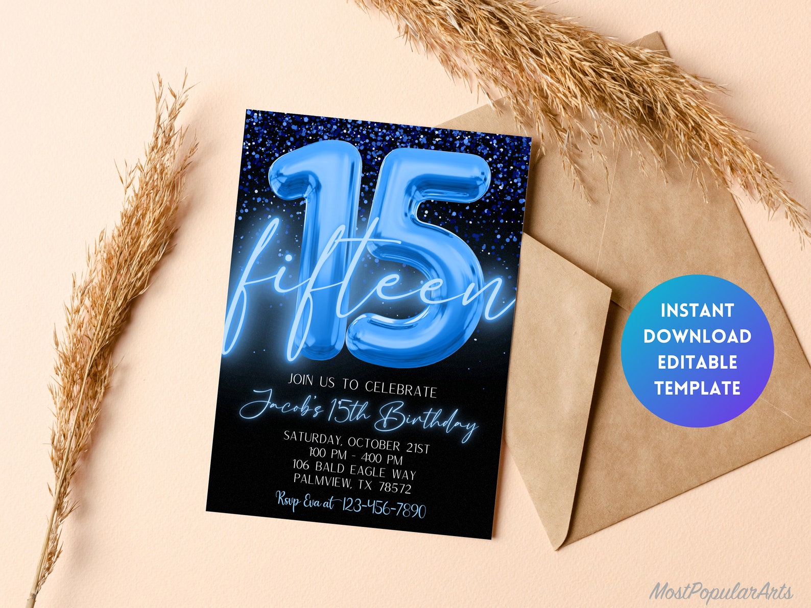 Editable Blue 15th Birthday Invitation Template, Glitter Birthday Party ...