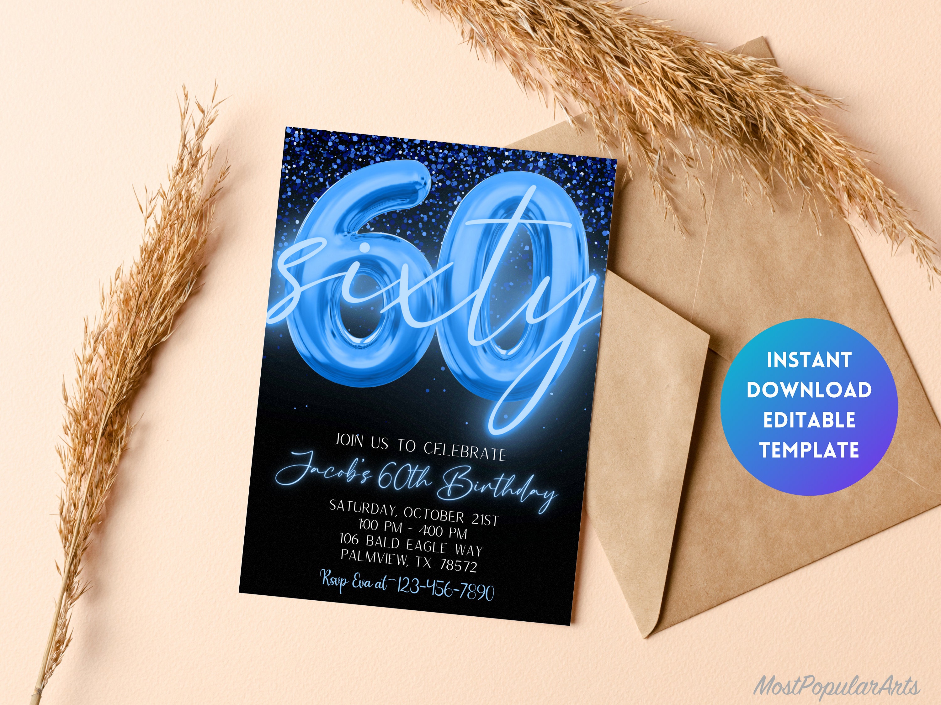 Editable Blue 60th Birthday Invitation Template Glitter - Etsy