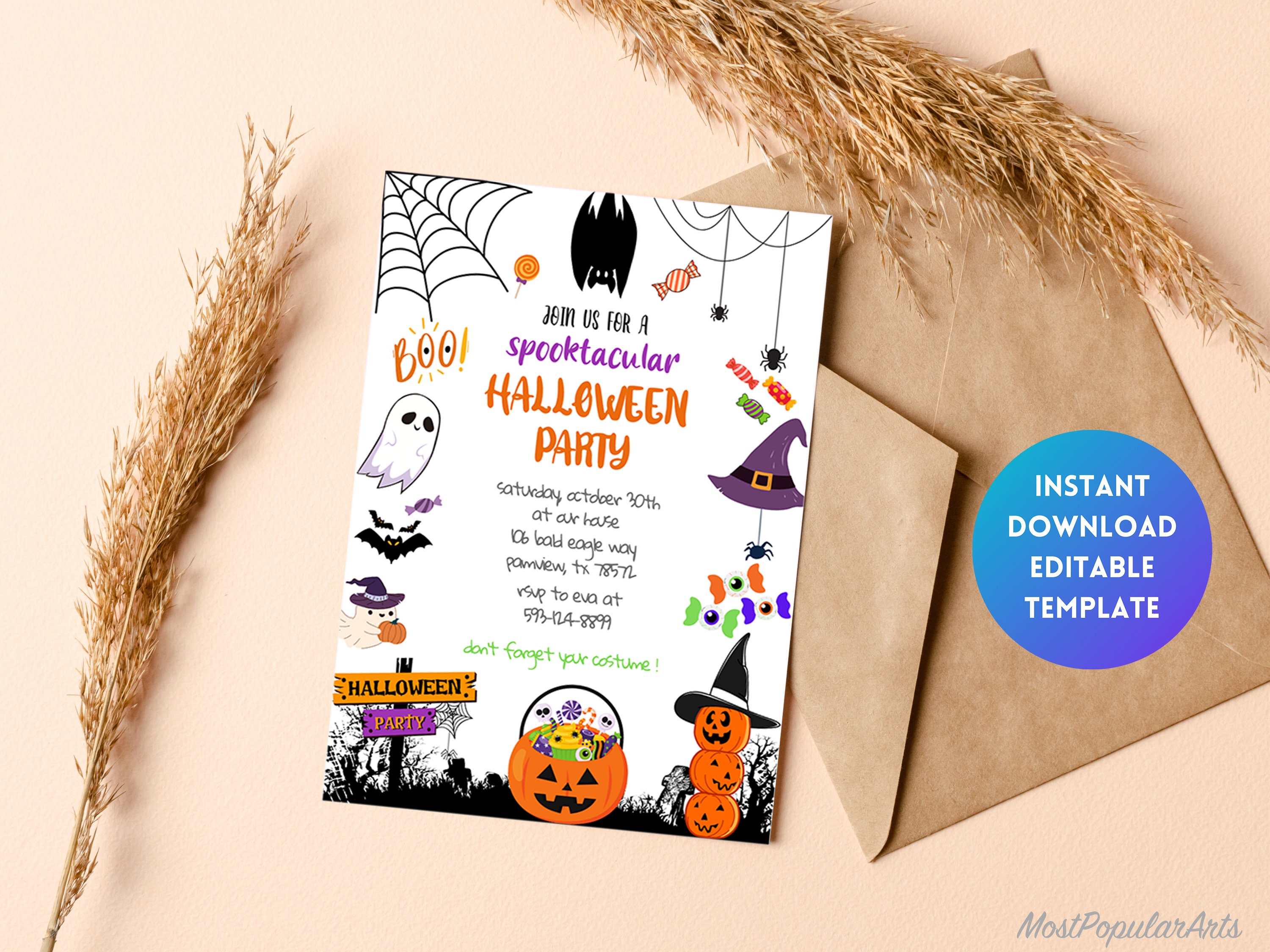 Editable Halloween Party Invitation Template, Halloween Dinner Invite, Colorful Halloween ...