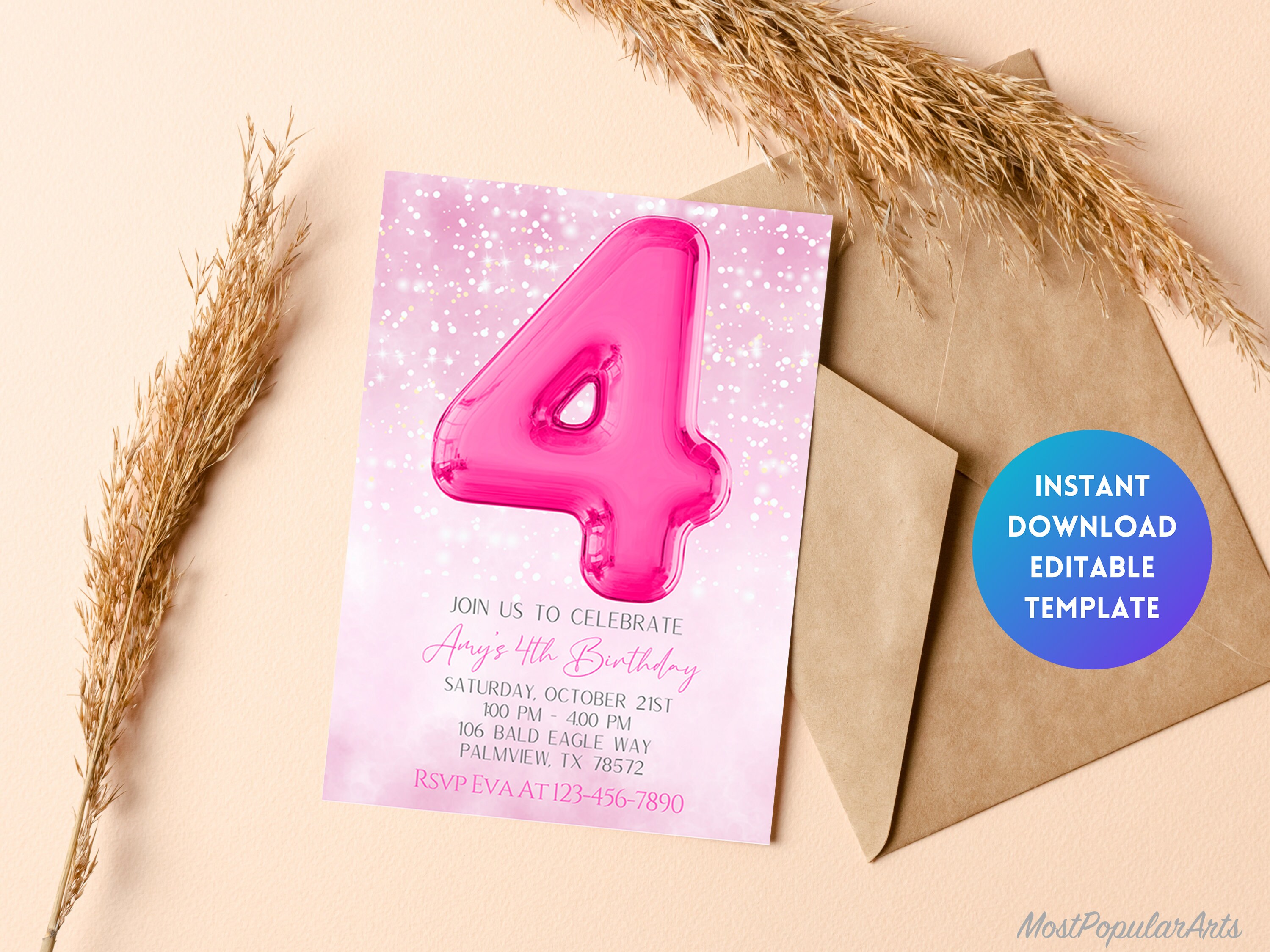 Editable Pink 4th Birthday Invitation Template, Glitter Birthday Party ...