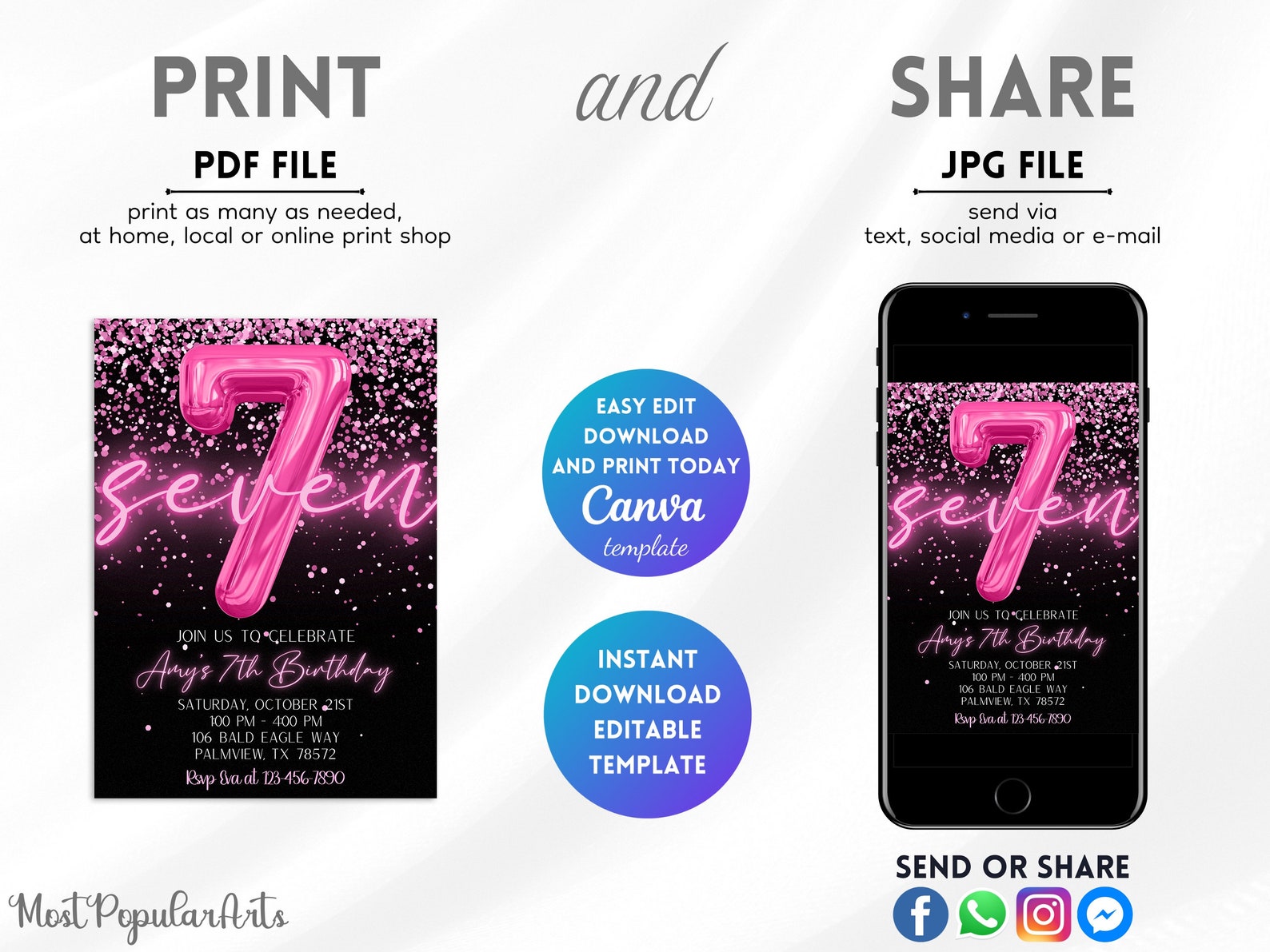 Editable Pink 7th Birthday Invitation Template, Glitter Birthday Party ...