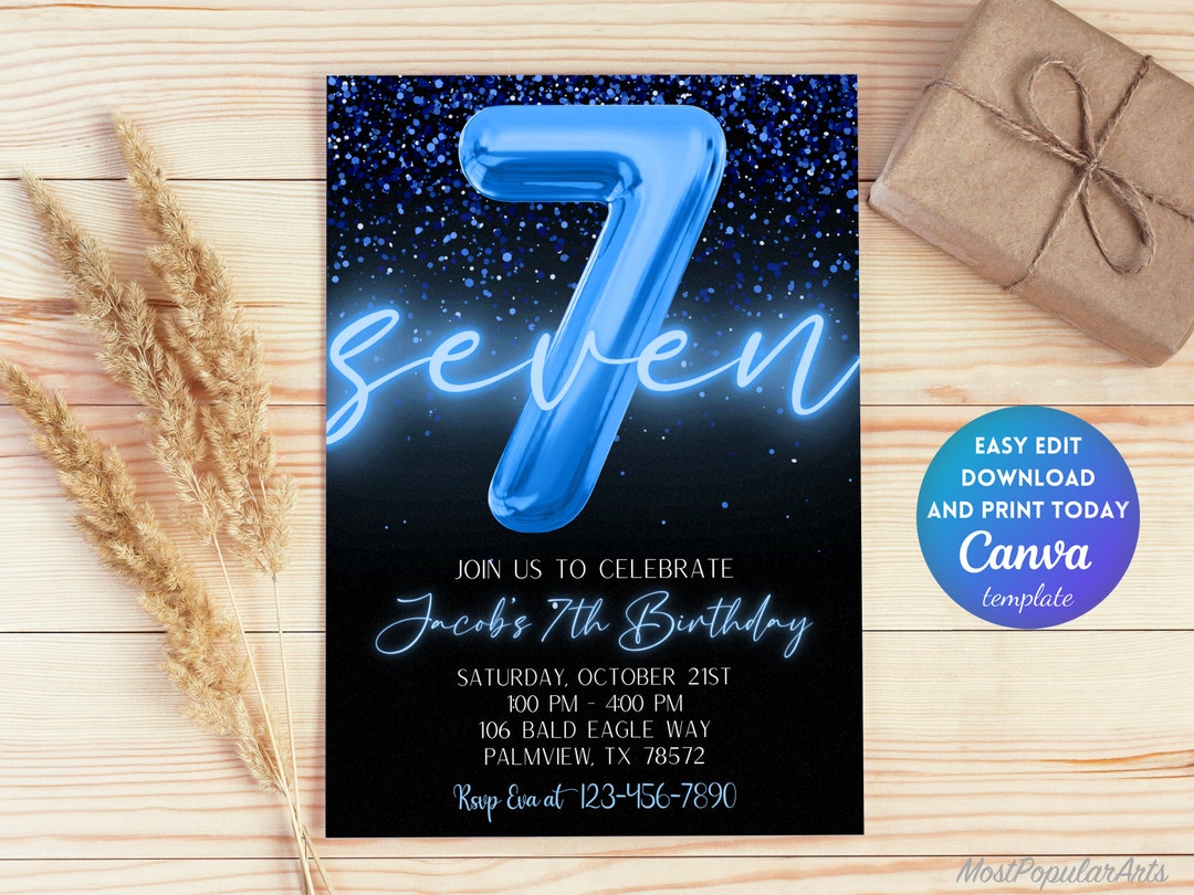 Editable Blue 7th Birthday Invitation Template, Glitter Birthday Party ...