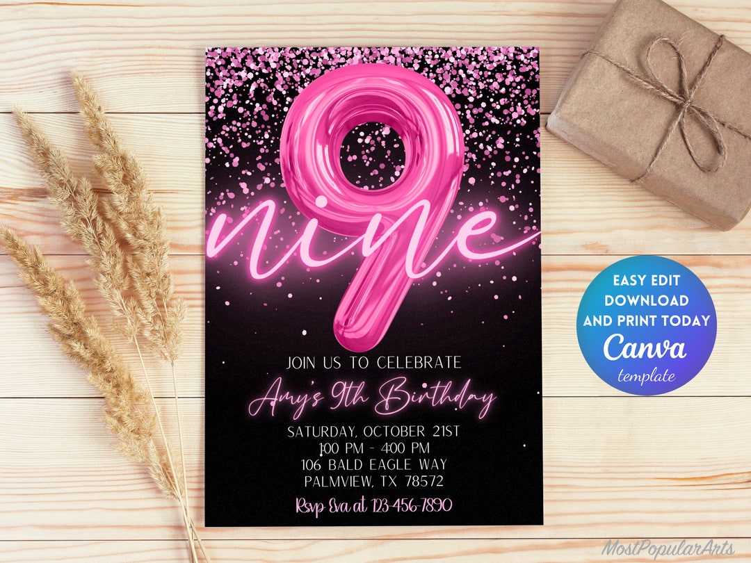 Editable Pink 9th Birthday Invitation Template, Glitter Birthday Party ...