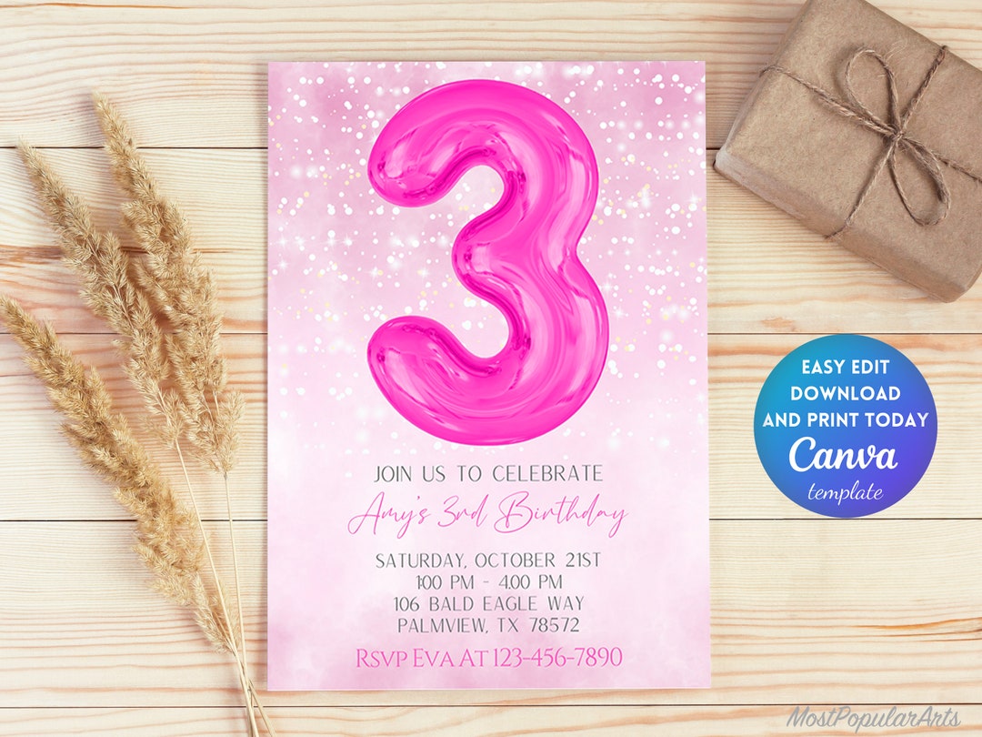 Editable Pink 3rd Birthday Invitation Template Glitter - Etsy