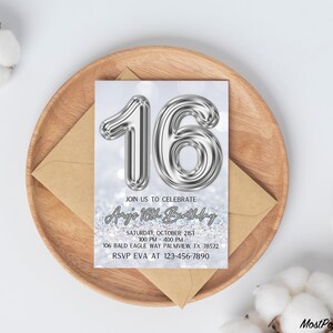 Editable Silver 16th Birthday Invitation Template, Glitter Birthday ...