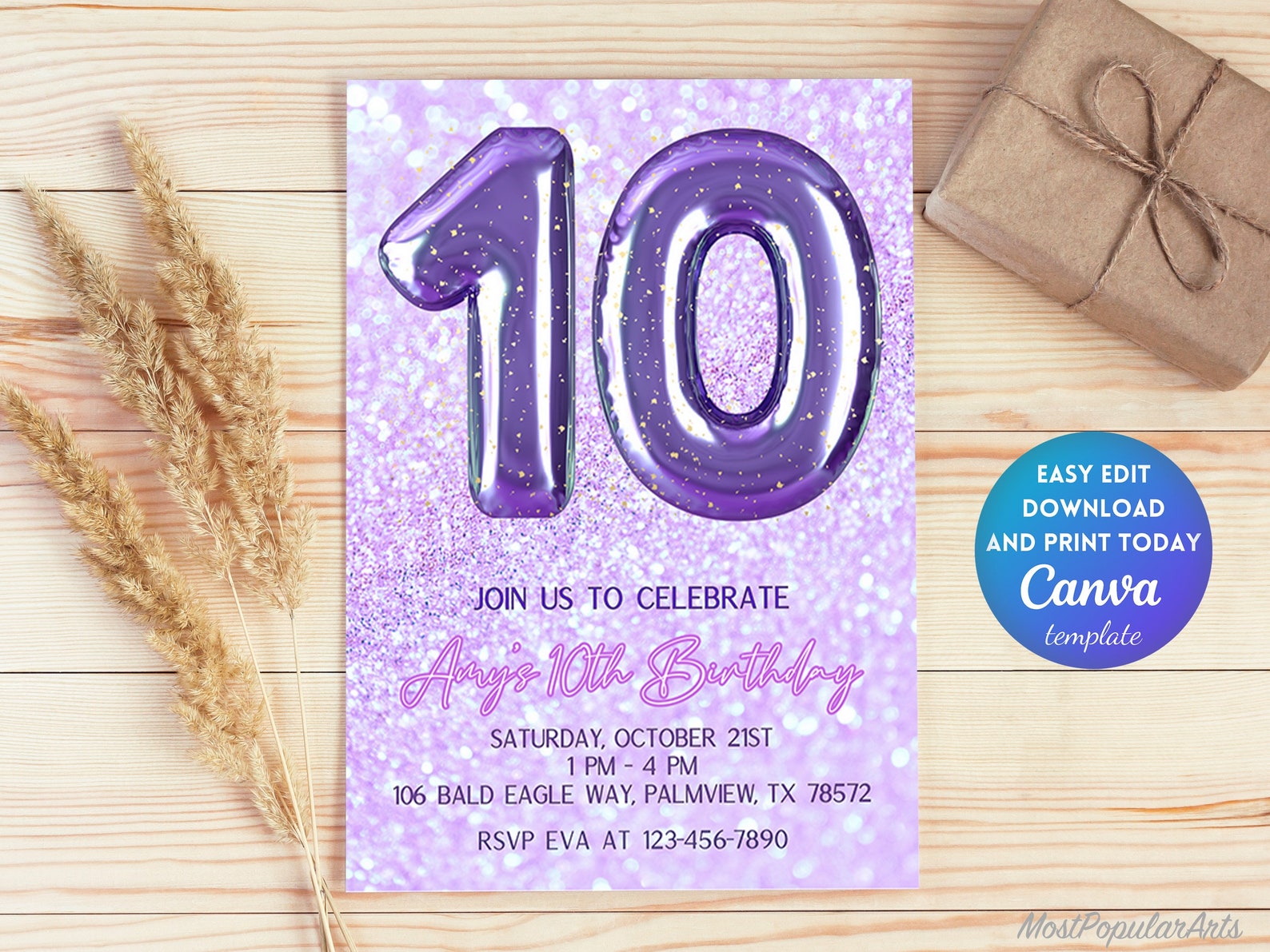 Editable Purple 10th Birthday Invitation Template, Glitter Birthday ...