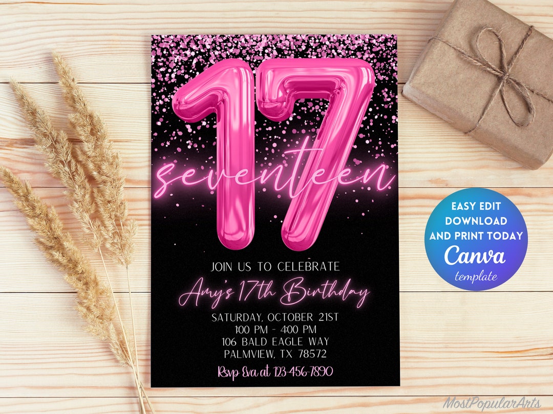 Editable Pink 17th Birthday Invitation Template, Glitter Birthday Party ...