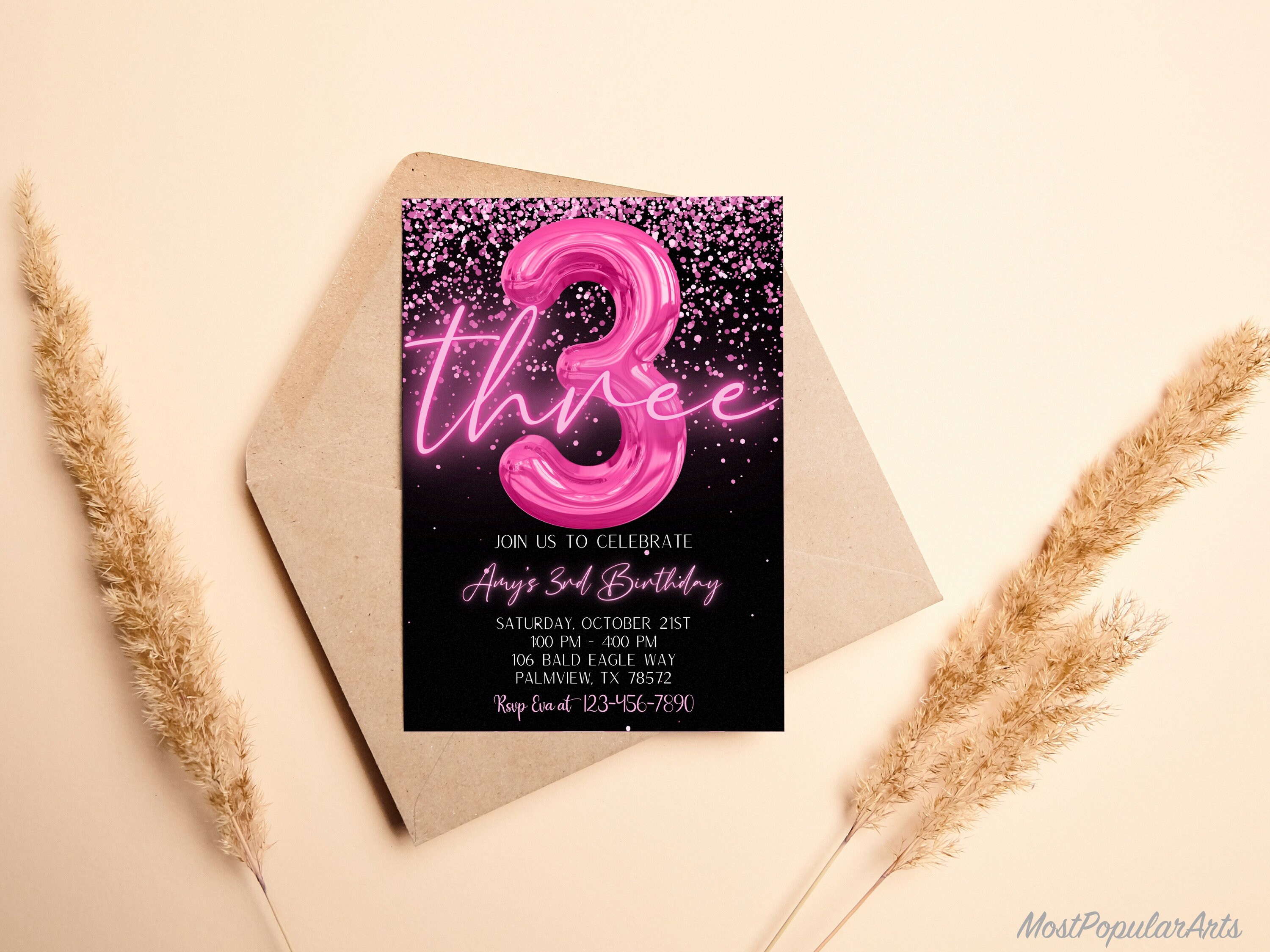 Editable Pink 3rd Birthday Invitation Template Glitter - Etsy