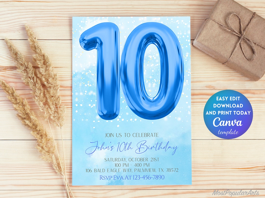 Editable Blue 10th Birthday Invitation Template, Glitter Birthday Party ...