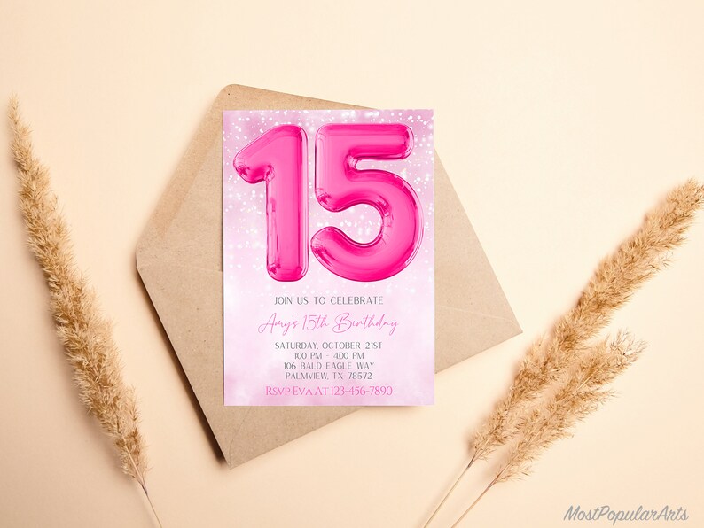 Editable Pink 15th Birthday Invitation Template, Glitter Birthday Party Invite, Rainbow Foil ...
