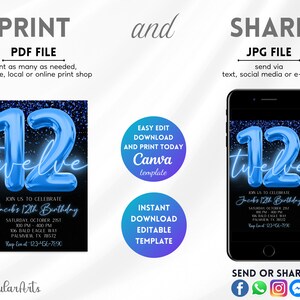 Editable Blue 12th Birthday Invitation Template, Glitter Birthday Party ...