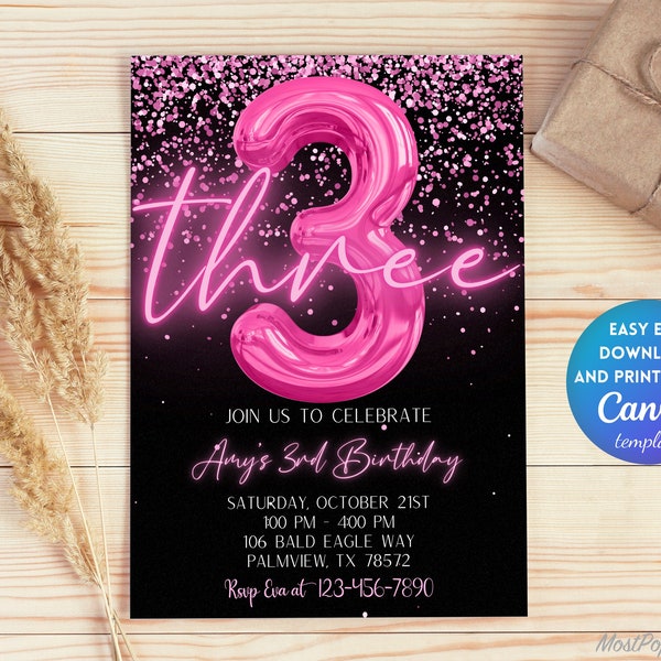 Girls 3rd Birthday Party Invitation - Etsy
