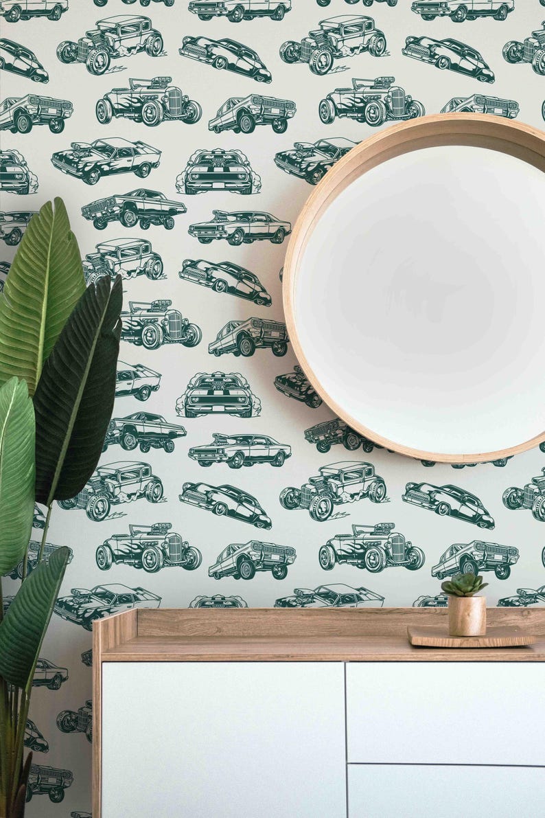 Vintage Classic Cars Wallpaper - Vehicles Pattern - Removable Peel ...
