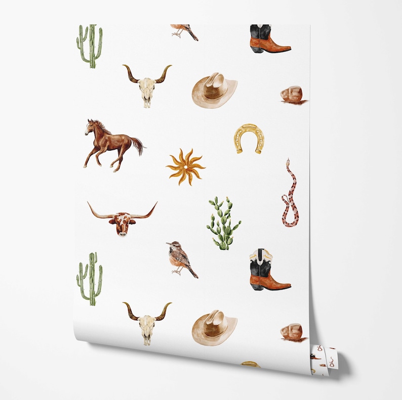 Wild West Wallpaper - Horse, Cactus, Boots Pattern - Removable Peel and ...