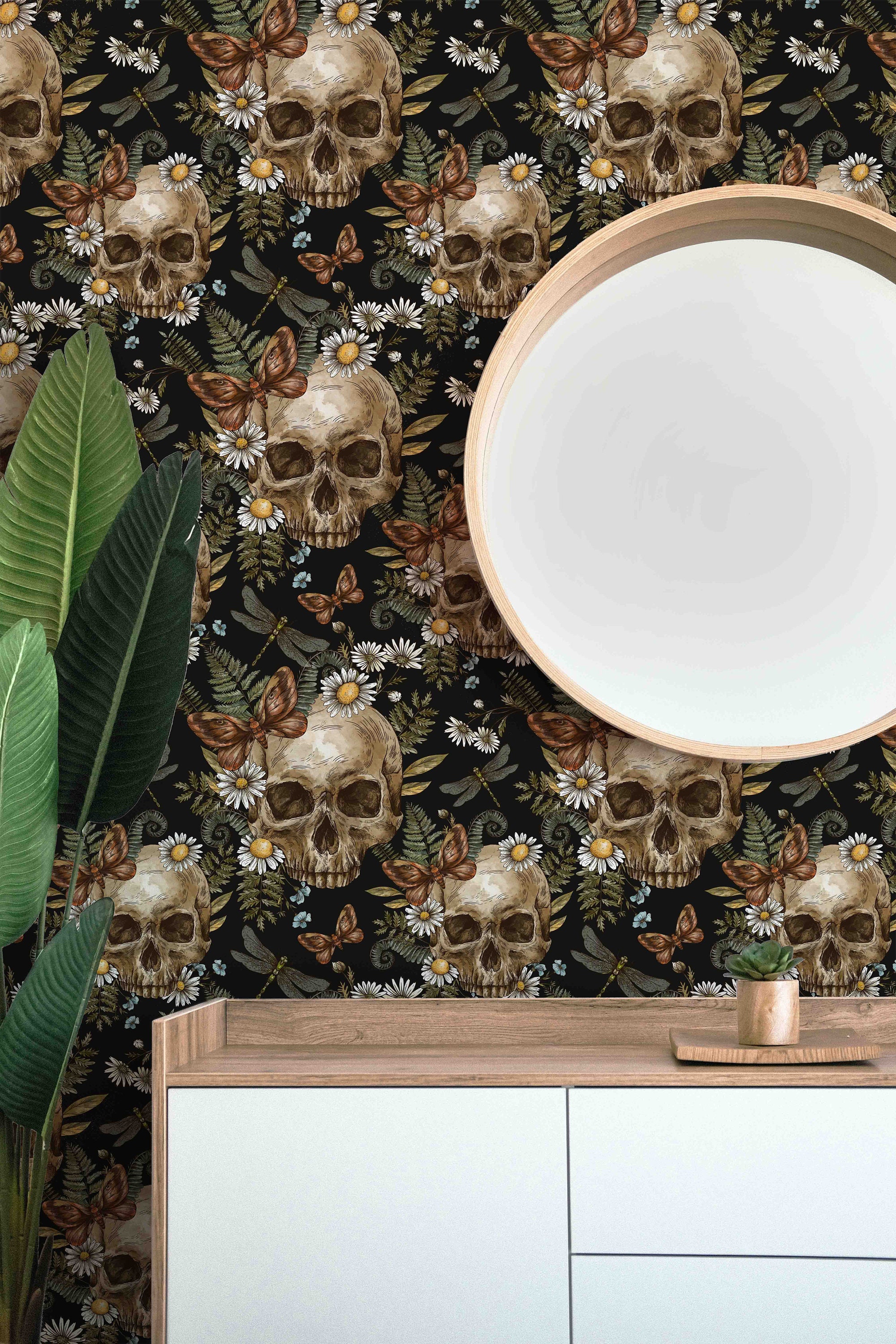 Floral Skulls Wallpaper Dark Skull Theme Pattern Removable Peel and ...
