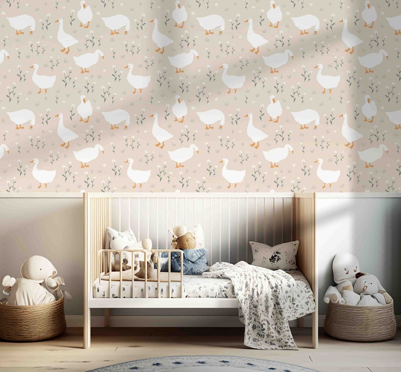 White Geese Wallpaper - Floral Pattern - Removable Peel and Stick ...
