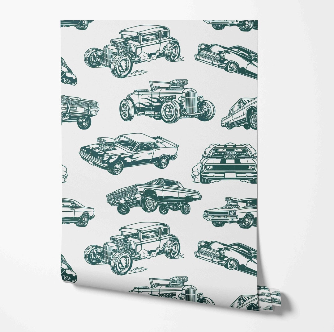 Vintage Classic Cars Wallpaper - Vehicles Pattern - Removable Peel ...