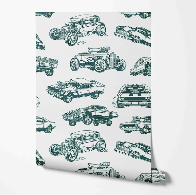 Vintage Classic Cars Wallpaper - Vehicles Pattern - Removable Peel ...