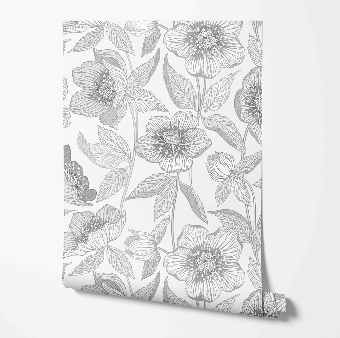 Modern Botanical Wallpaper - Grayscale Floral Pattern - Removable Peel ...